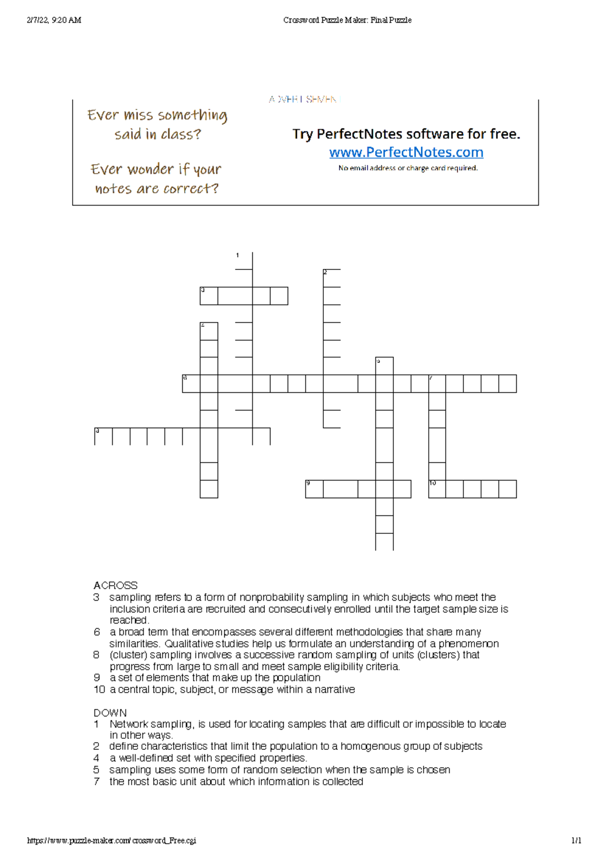 Crossword Puzzle - cgi 1/ 1 2 3 4 5 6 7 8 9 10 ACROSS 3 sampling refers ...