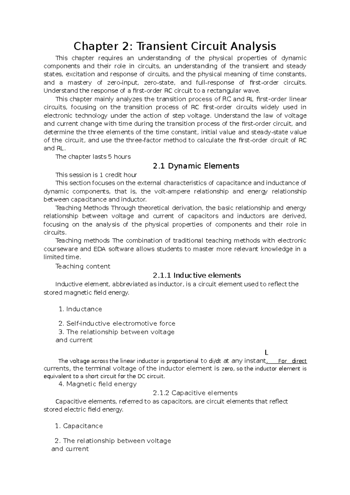 Chapter 2 Transient Circuit Analysis - Chapter 2: Transient Circuit Analysis This chapter ...