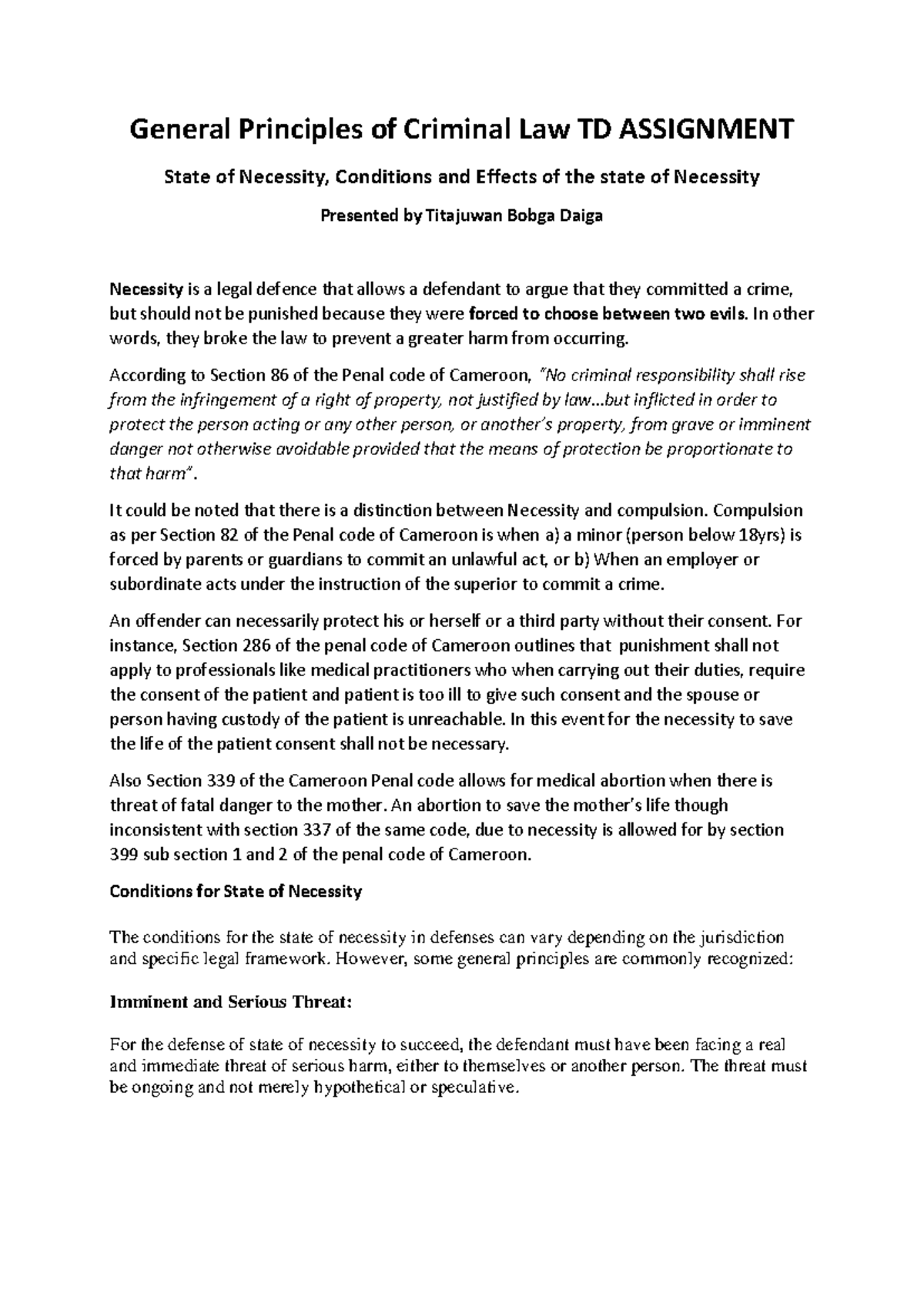 General Principles of Criminal Law TD Assignment - General Principles of Criminal Law TD ...