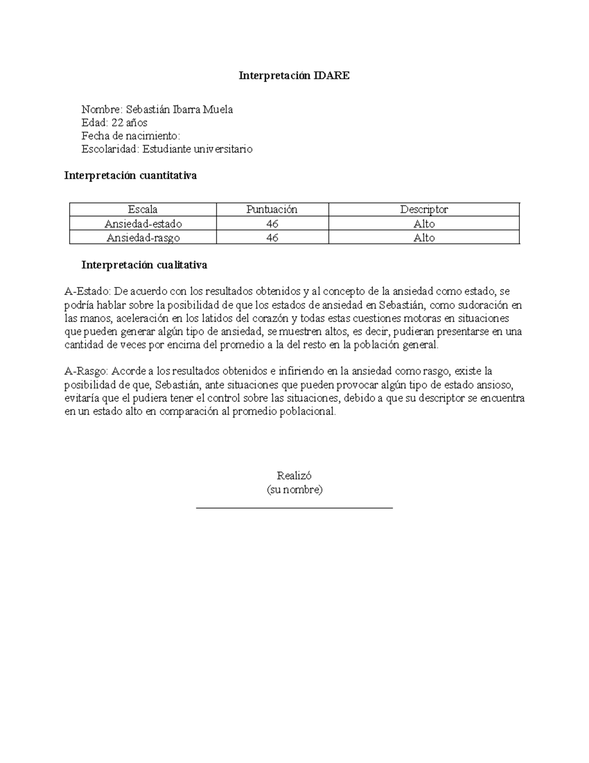 Ejemplo Interpretación Idare - Interpretación IDARE Nombre: Sebastián ...
