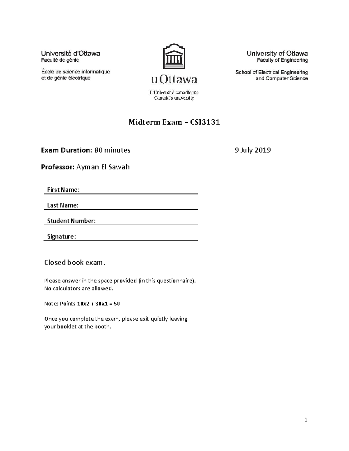 CSI3131 2019 Midterm - Closed book exam. Please answer in the space ...