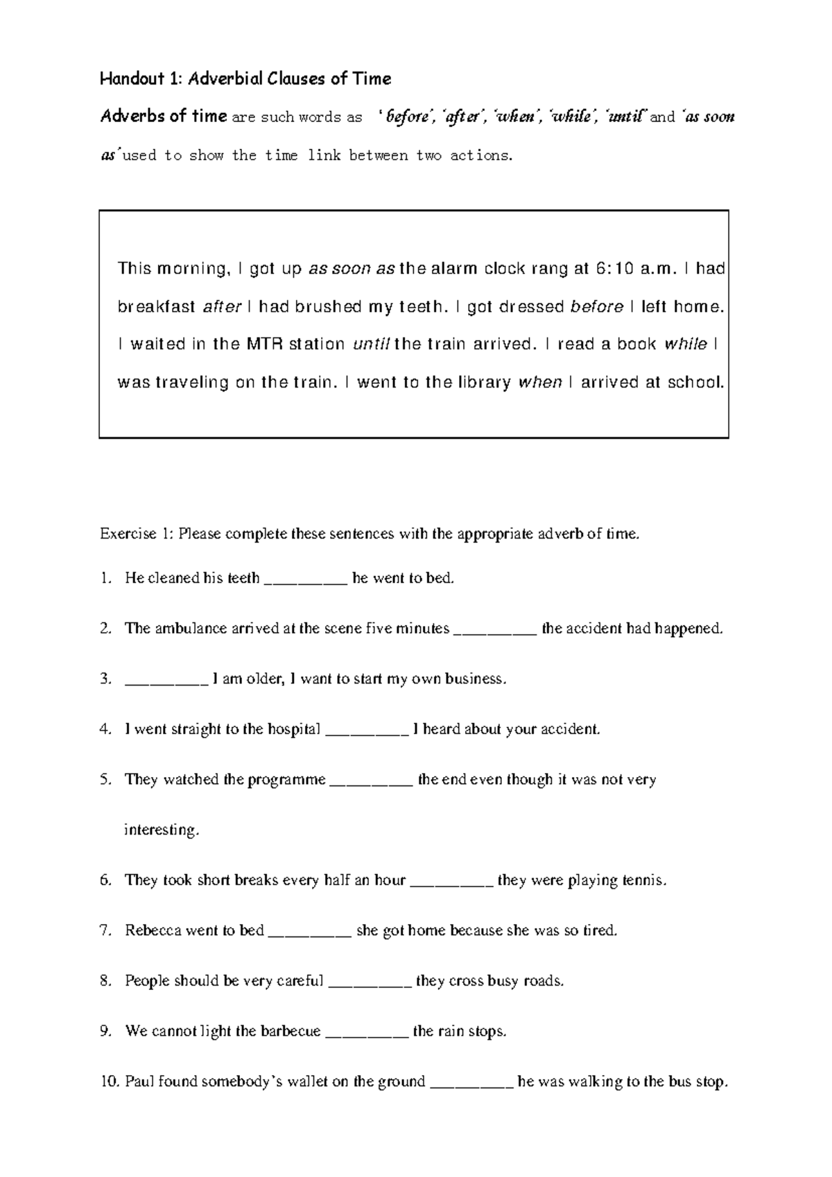 When:before:while:after - Handout 1: Adverbial Clauses of Time Adverbs ...