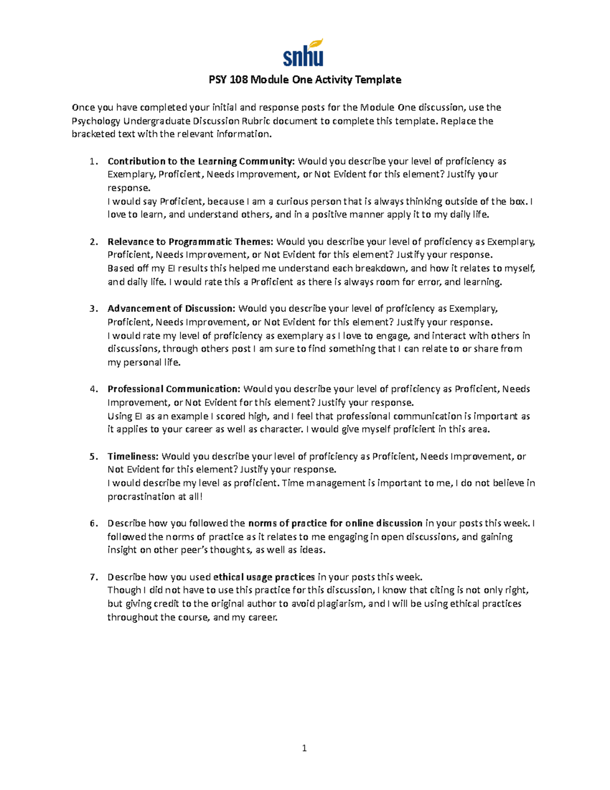 PSY 108 Module One Activity Complete - PSY 108 Module One Activity Template Once you have ...