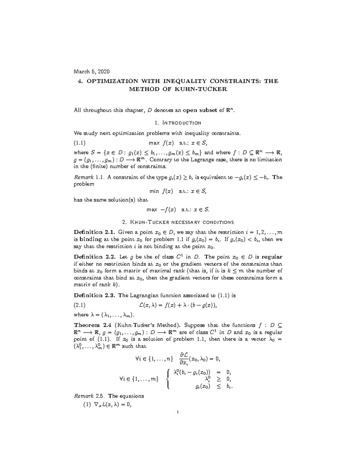 TEMA 4 OPTI - mathematical optimization 4 - March 5, 2020 OPTIMIZATION WITH INEQUALITY ...
