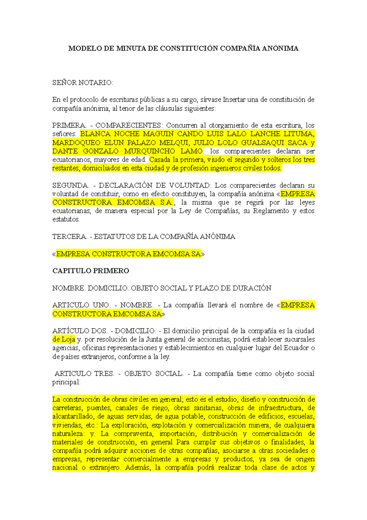 Modelo Minuta Constitucion Compania Anonima - MODELO DE MINUTA DE CONSTITUCIÓN COMPAÑÍA ANÓNIMA ...