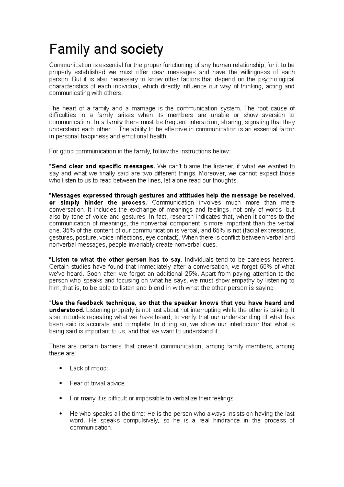 Family and society - Lecture notes 2 - Family and society Communication ...