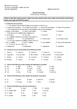 Spoken English Exam Sample - There is only One correct answer. Mark it ...
