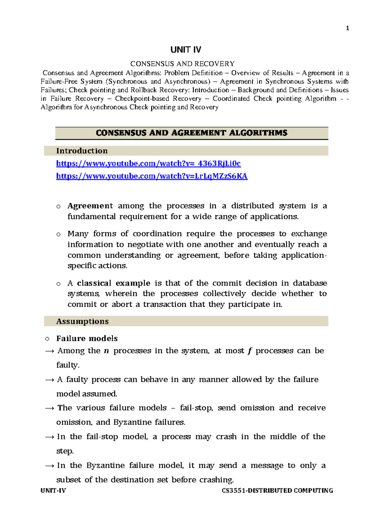 Unit 4 Dc Jsjsjs Unit Iv Cs3551 Distributed Computing Unit Iv Consensus And Recovery