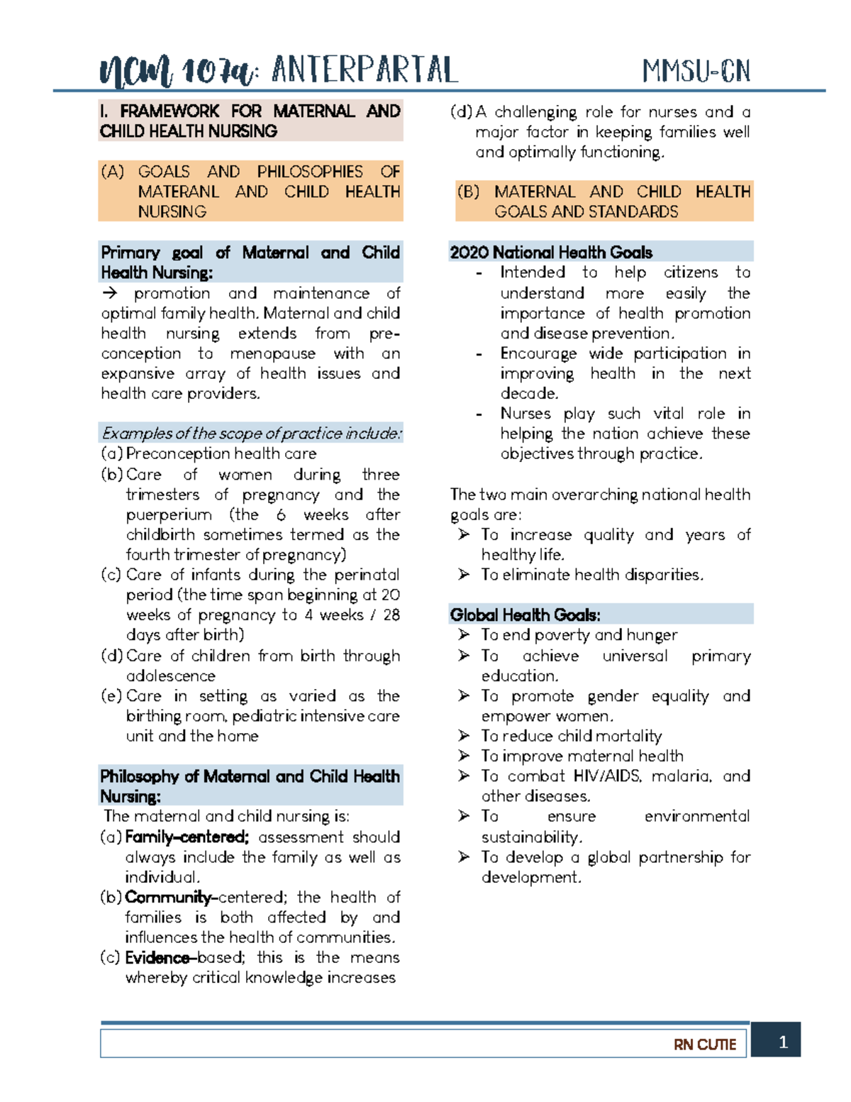 Antenatal - I. FRAMEWORK FOR MATERNAL AND CHILD HEALTH NURSING (A ...
