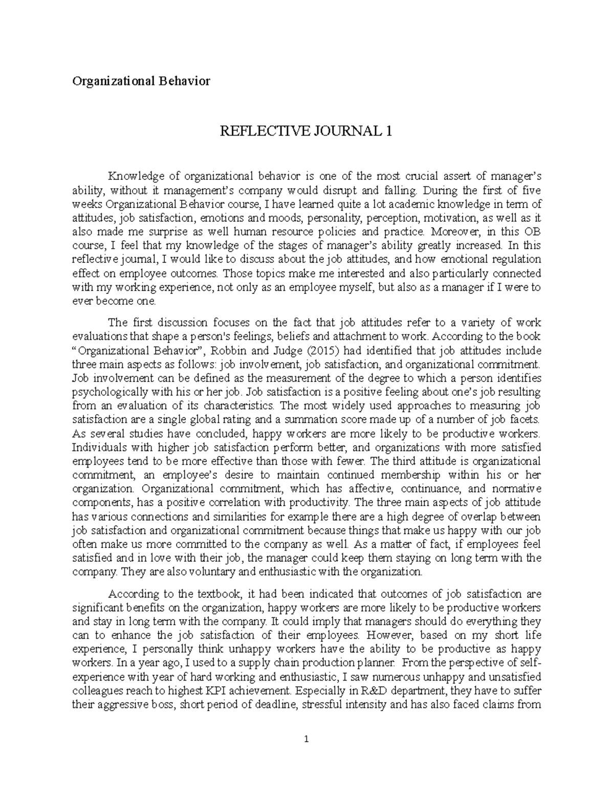 Reflective Journal - Organizational Behavior - Organizational Behavior ...