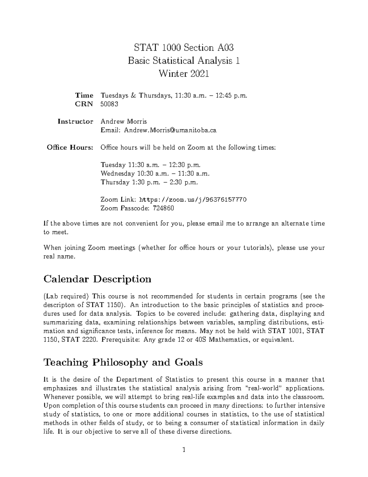 Stat 1000 - syllabus! - STAT 1000 Section A Basic Statistical Analysis ...