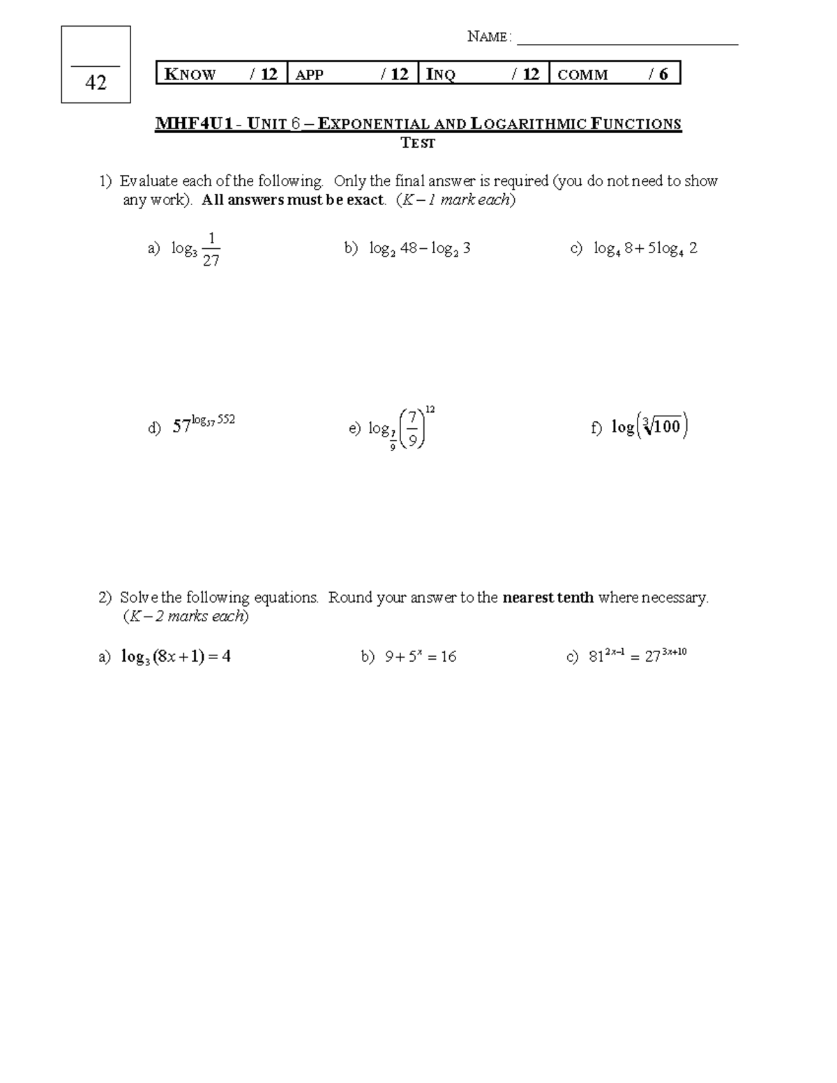 Unit-6,7 Testn - math - NAME: ___________________________ MHF4U1 - UNIT ...