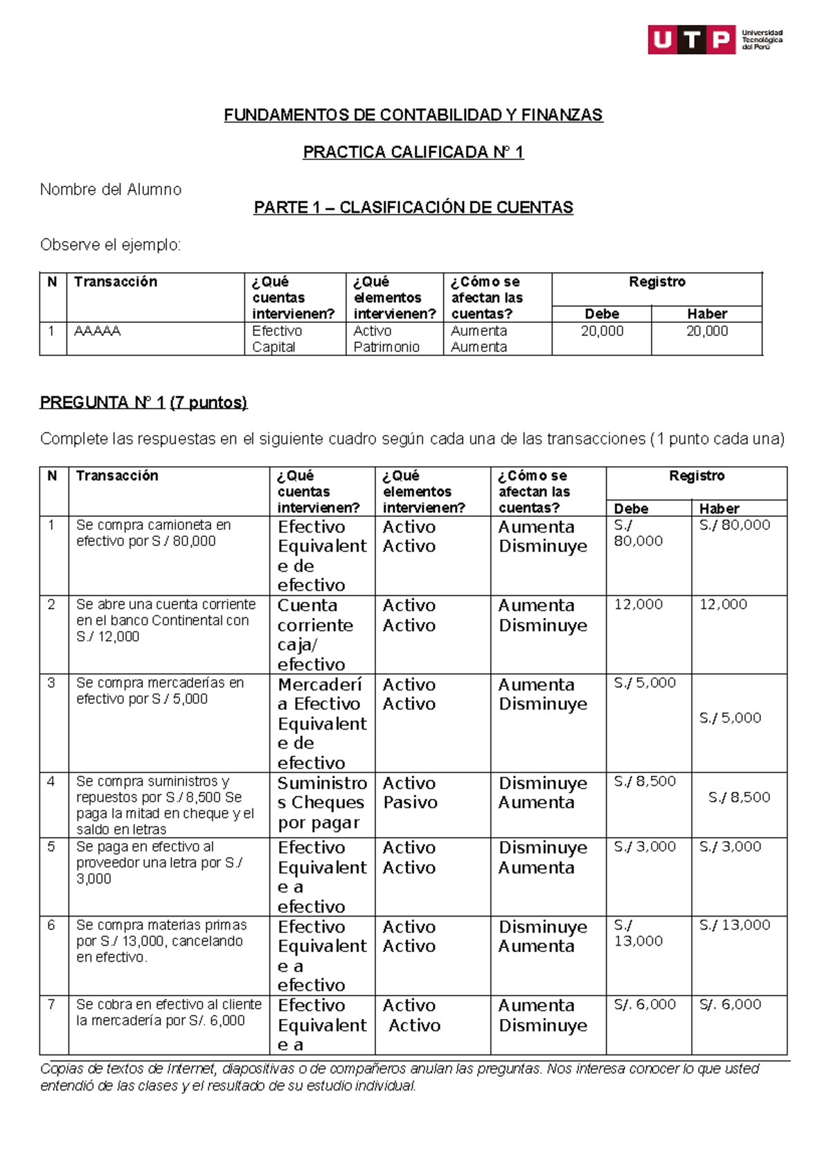 Examen - FUNDAMENTOS DE CONTABILIDAD Y FINANZAS PRACTICA CALIFICADA N ...