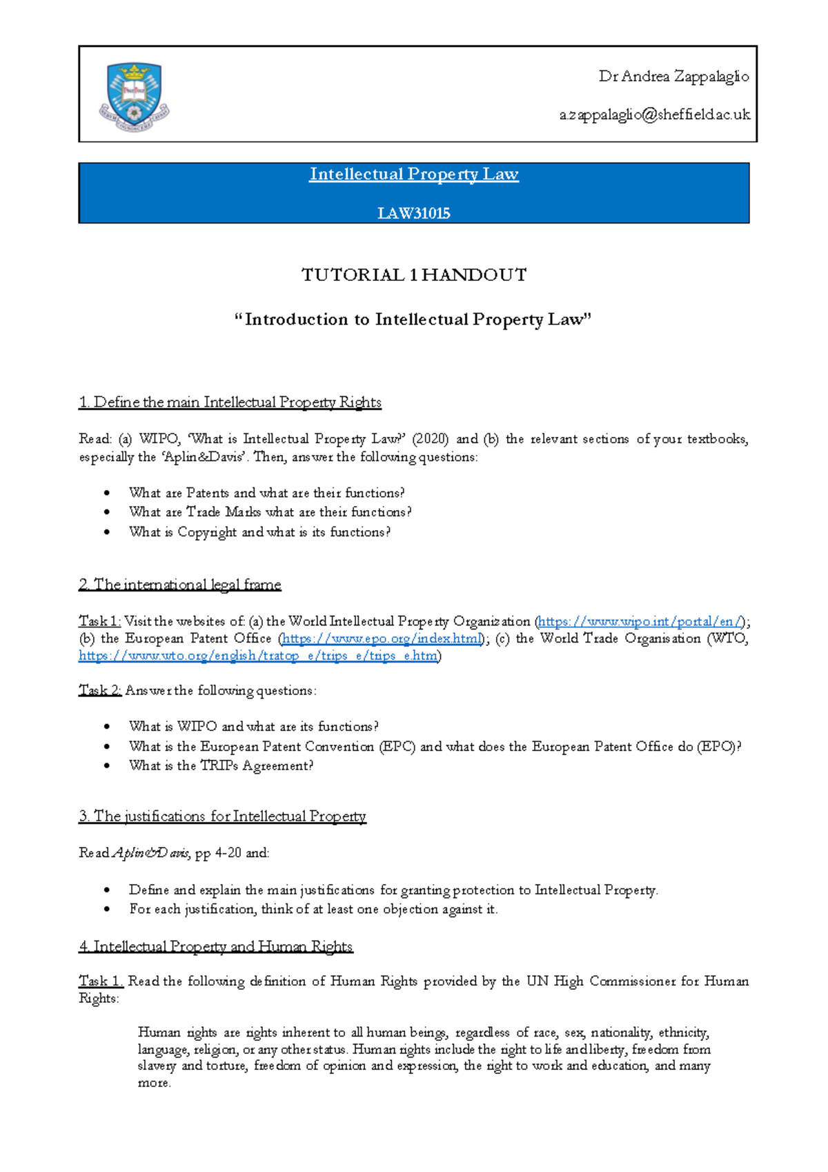 Tutorial 1 Handout - Intellectual Property Law LAW 31015 TUTORIAL 1 HANDOUT “Introduction to ...