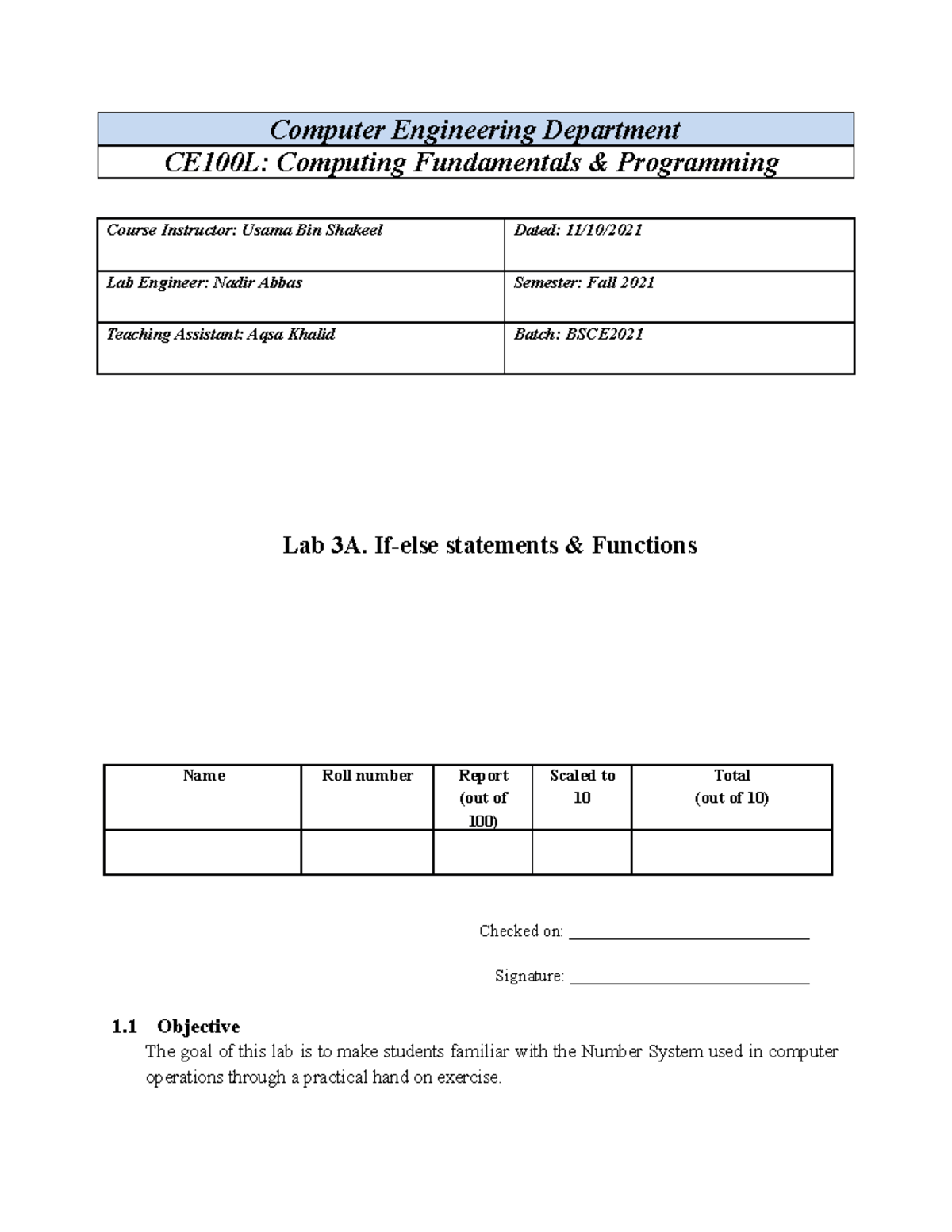 Lab 3 A - programing course - Computer Engineering Department CE100L: Computing Fundamentals ...