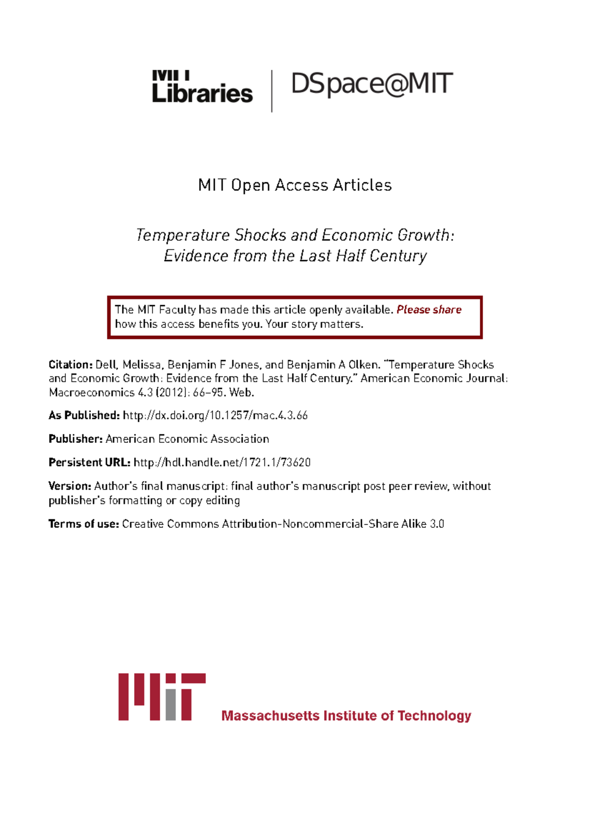 Olken Temperature Shocks - MIT Open Access Articles Temperature Shocks and Economic Growth ...