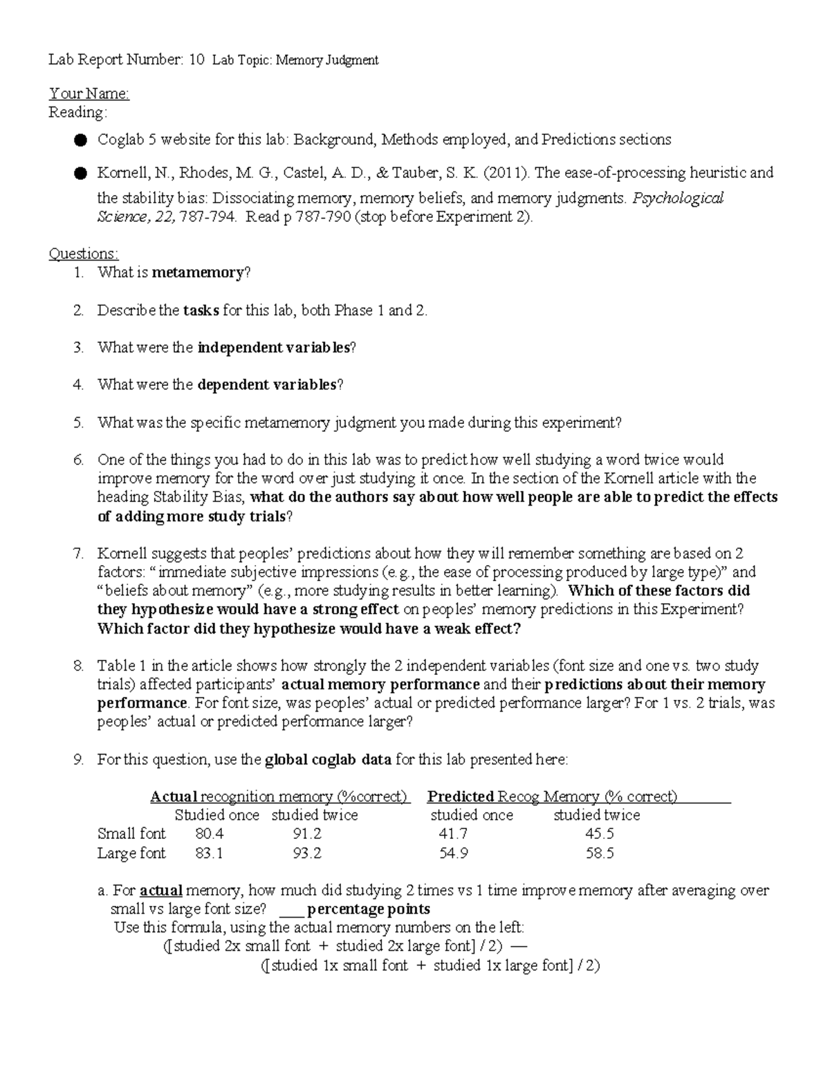 Lab Report 10 Memory Judgment Lab Report Number 10 Lab Topic Memory Judgment Your Name