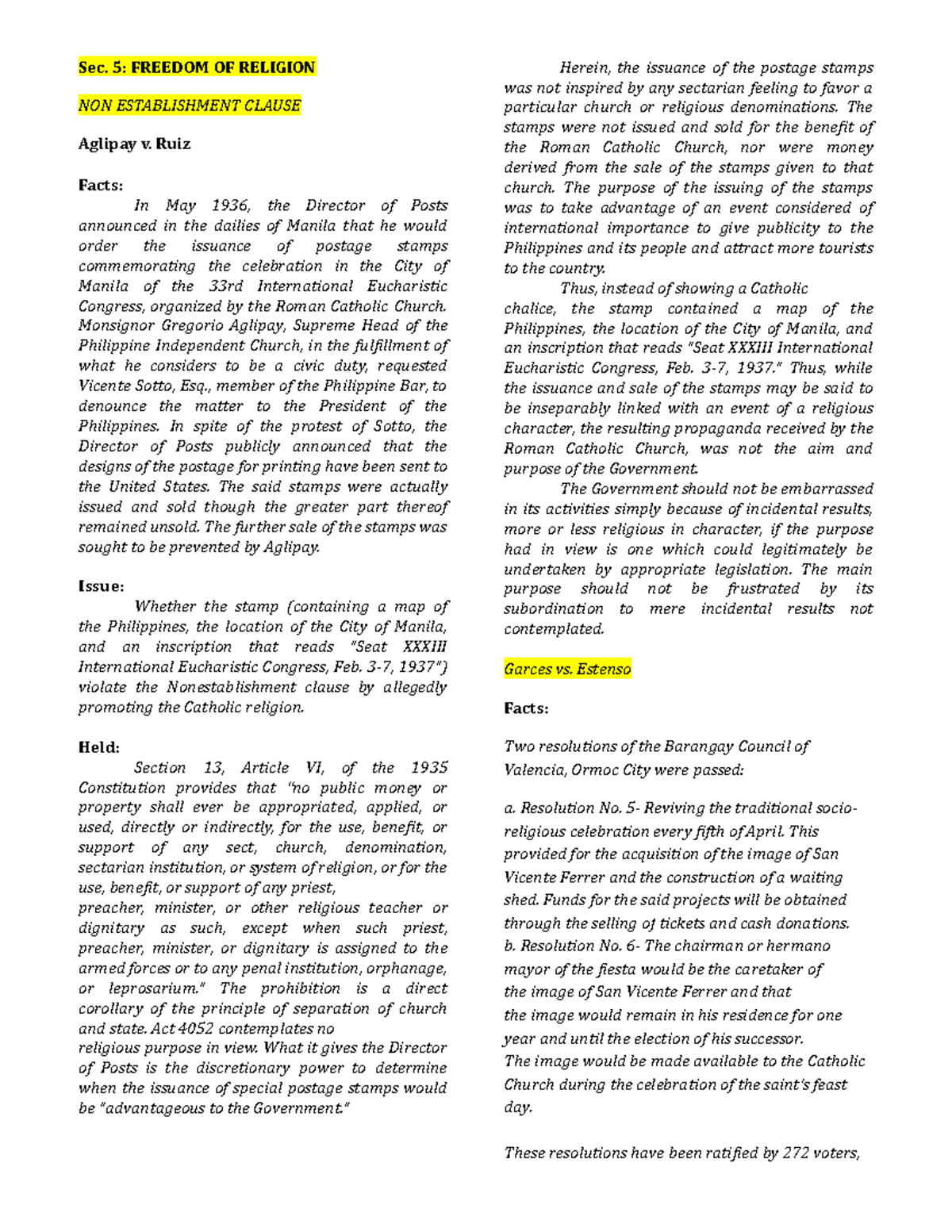 Consti Sec 5 Non Establishment - Sec. 5: FREEDOM OF RELIGION NON ESTABLISHMENT CLAUSE Aglipay v ...