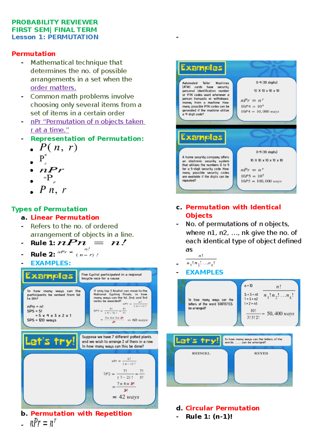 Probability - Notes - FIRST SEM| FINAL TERM Lesson 1: PERMUTATION ...