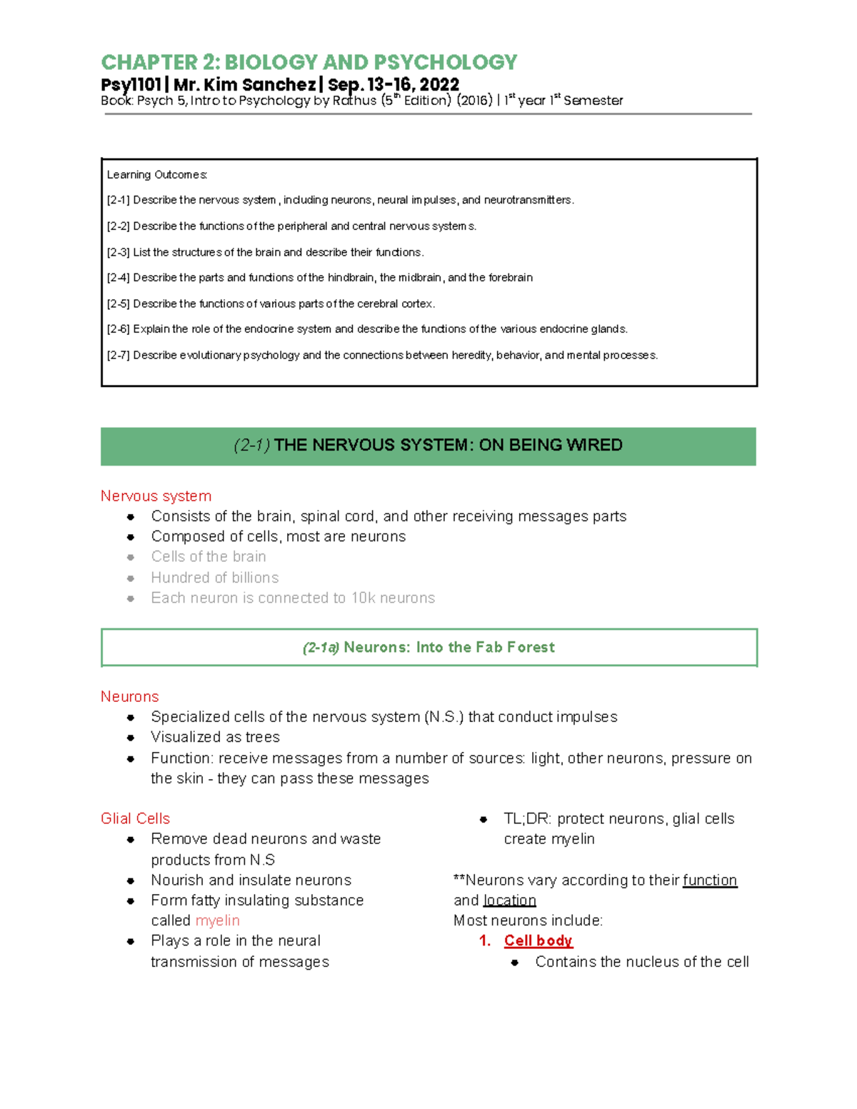 [ Psych 1101] Chapter 2 Biology and Psychology PART 1 - CHAPTER 2: BIOLOGY AND PSYCHOLOGY ...