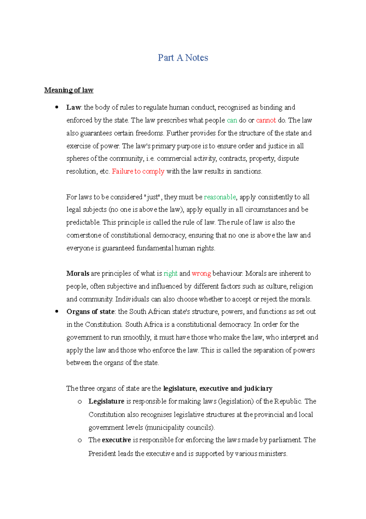 Part A Notes - Part A Notes Meaning of law Law : the body of rules to ...