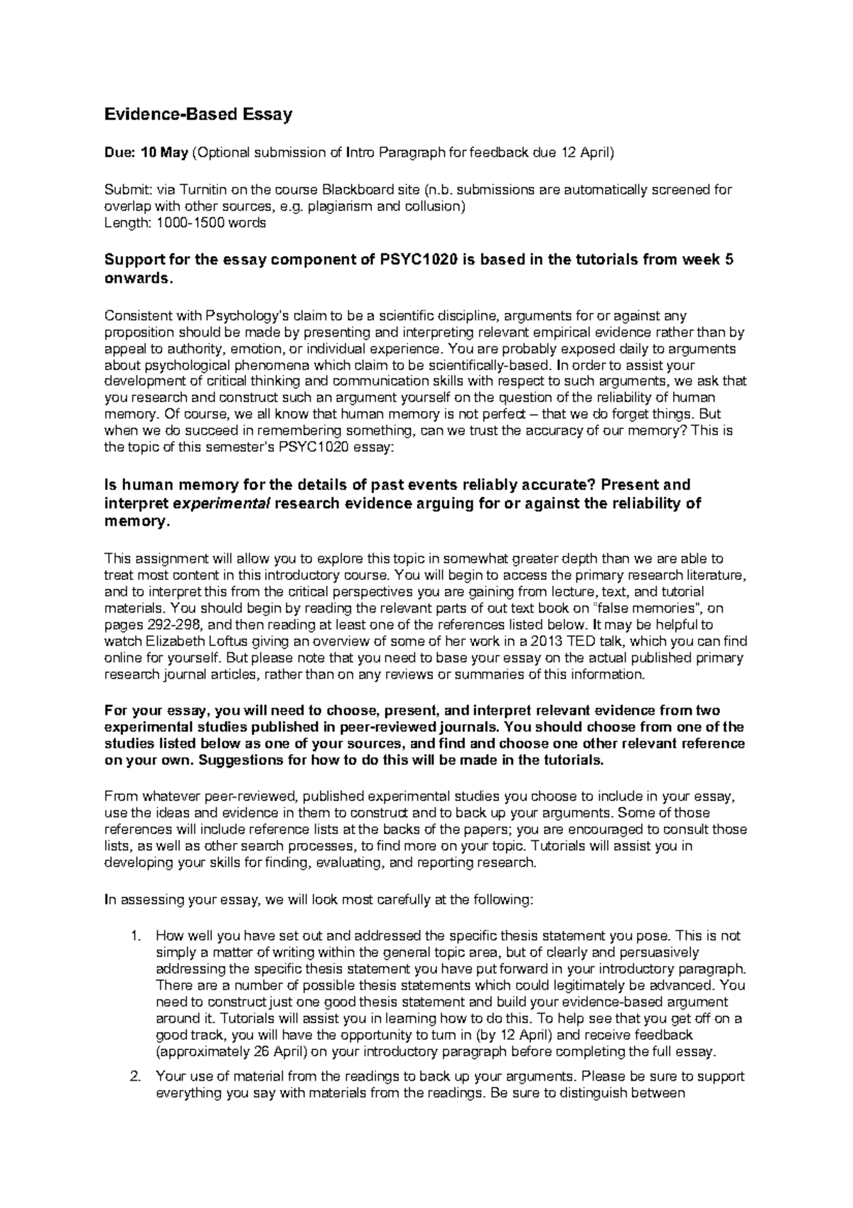 PSYC1020 Essay Topic - Evidence-Based Essay Due: 10 May (Optional ...