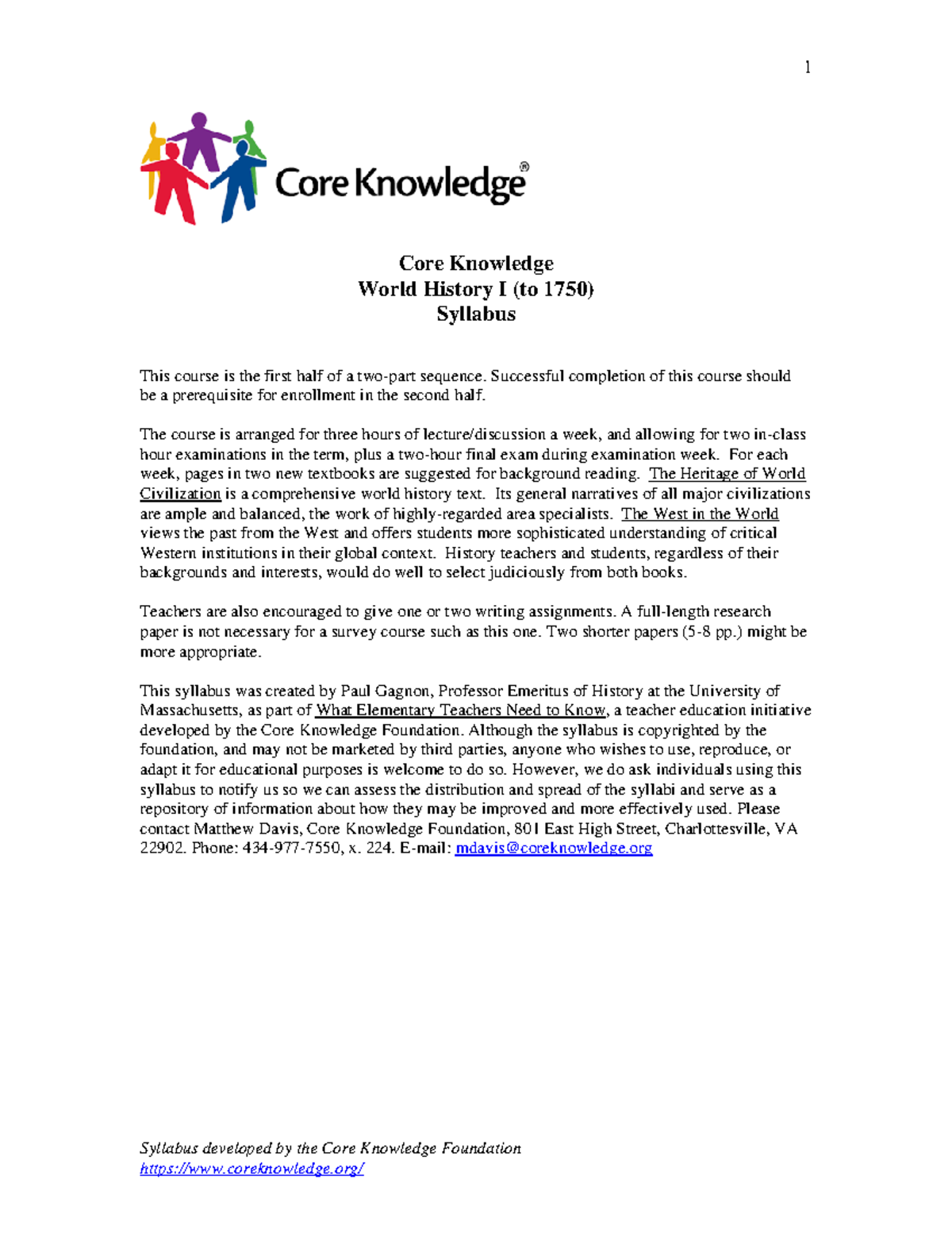 World History I Syllabus - Syllabus developed by the Core Knowledge ...
