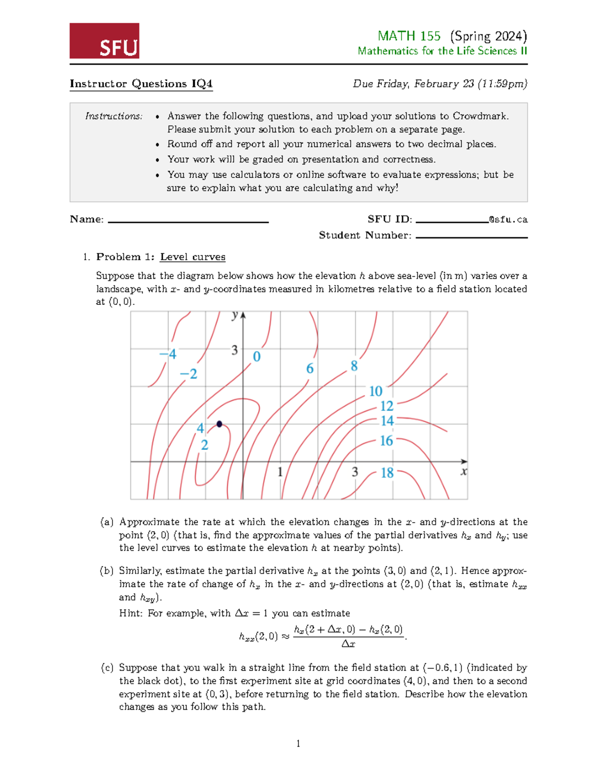 Iq 4 - MATH 155 (Spring 2024) Mathematics for the Life Sciences II Instructor Questions IQ4 Due ...