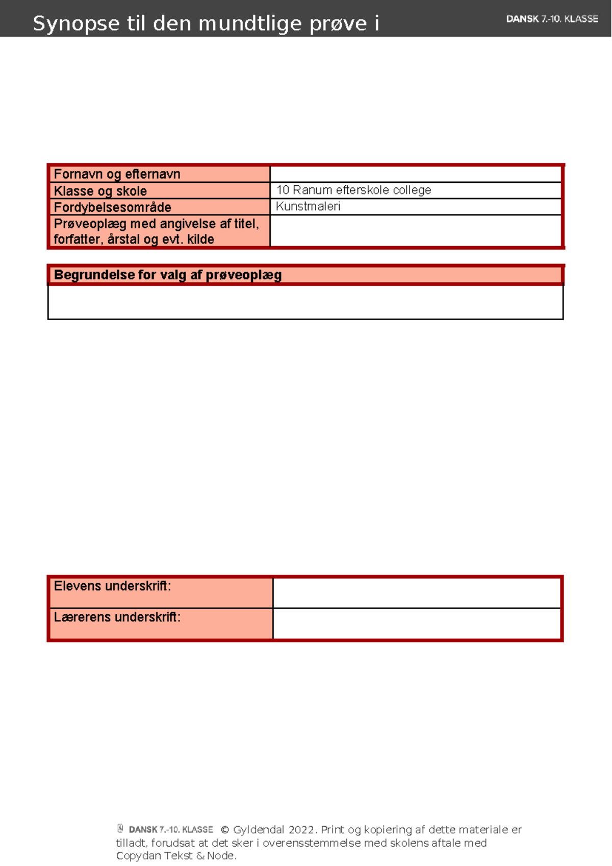 Synopse dansk - REC - danish - Synopse til den mundtlige prøve i dansk © Gyldendal 2022. Print ...