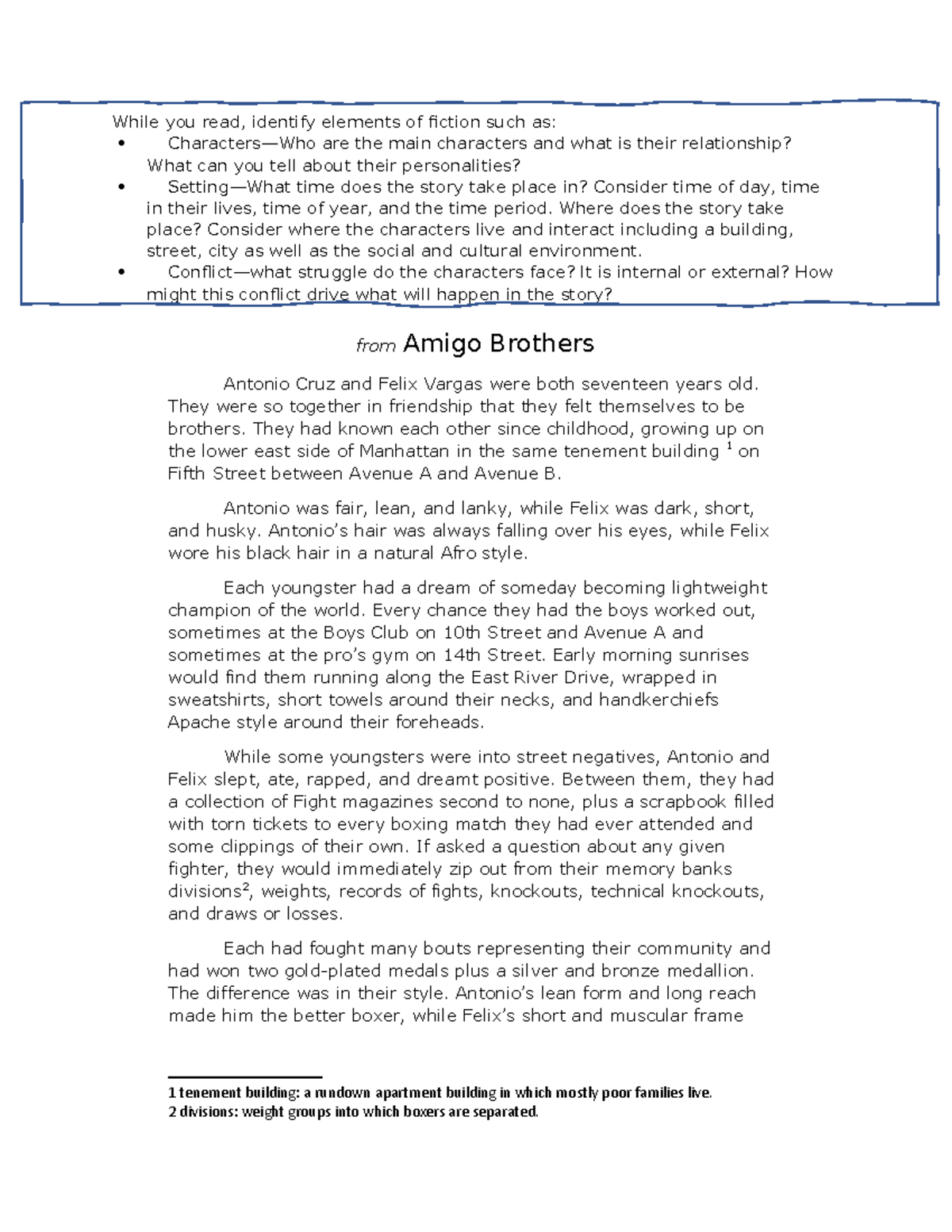 Amigo Brothers excerpt - While you read, identify elements of fiction ...