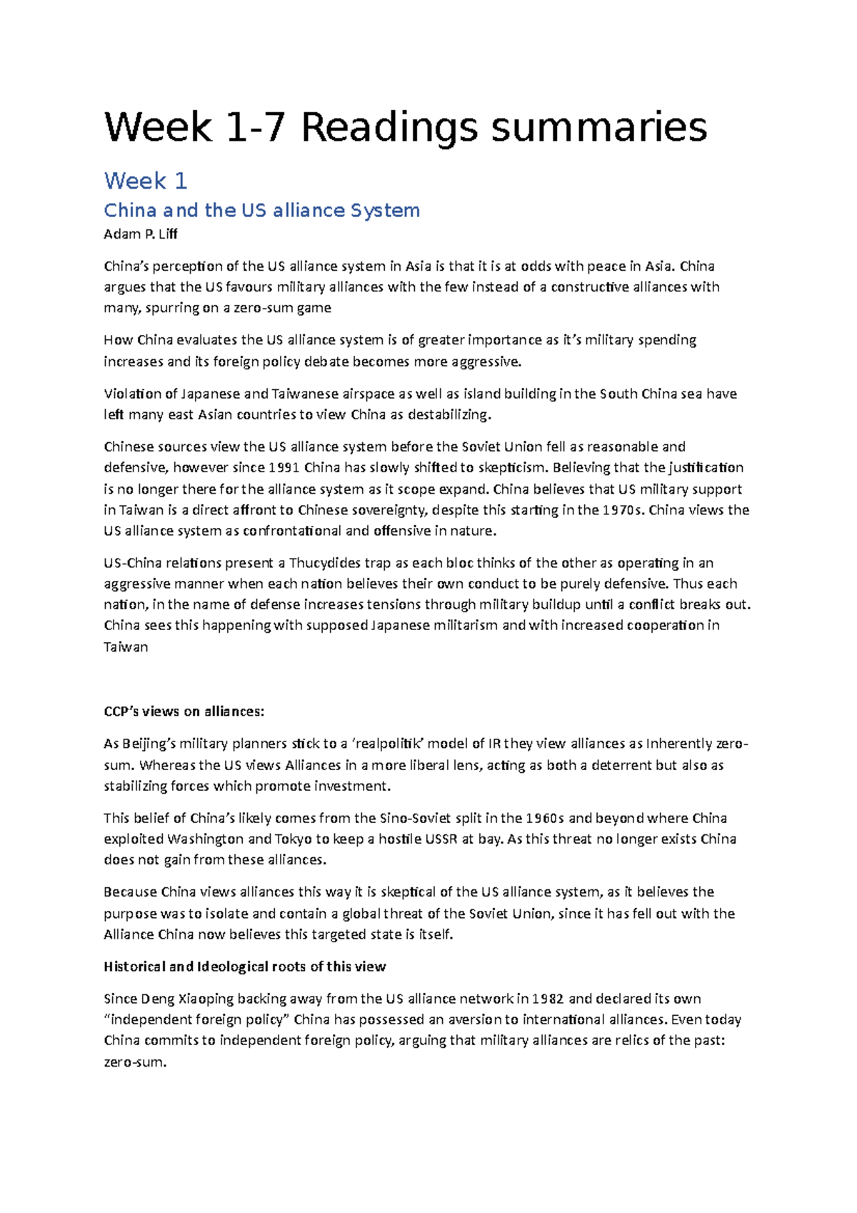 GOVT1601 reading summaries - Week 1-7 Readings summaries Week 1 China and the US alliance System ...