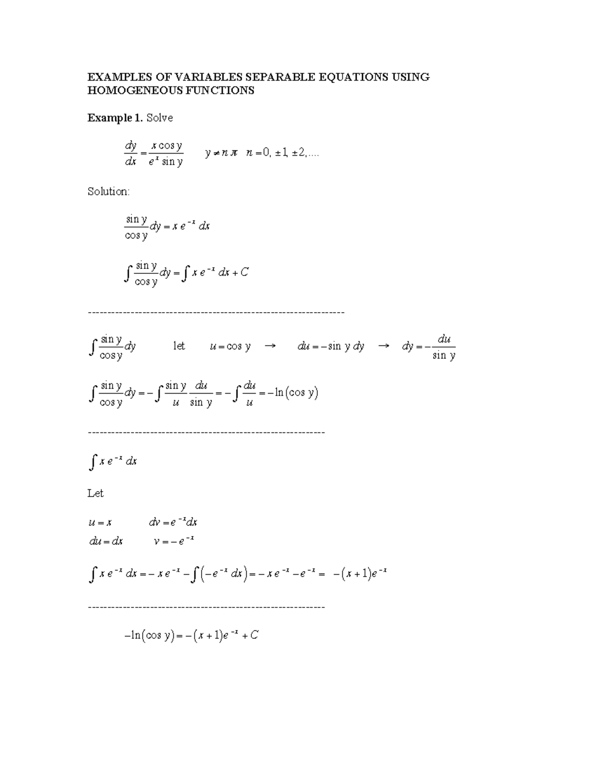 Review Examples NO 1 - EXAMPLES OF VARIABLES SEPARABLE EQUATIONS USING ...