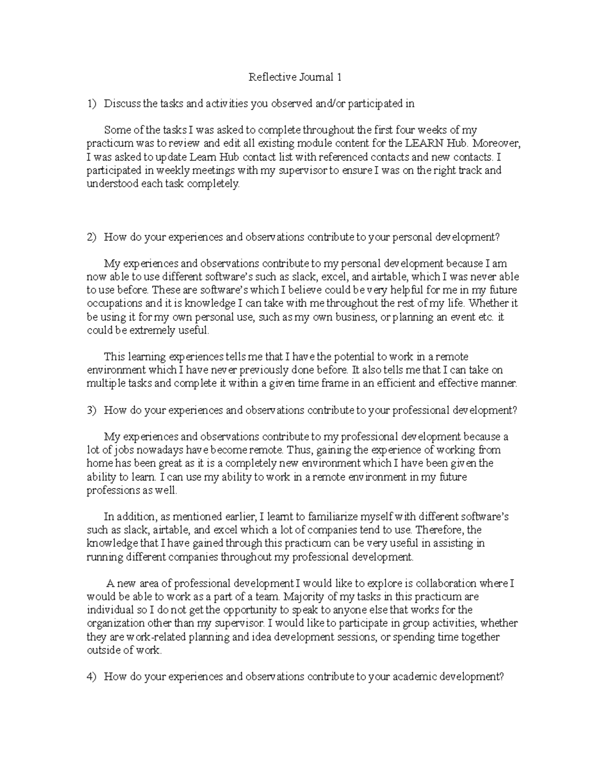 practicum assignment - Reflective Journal 1 Discuss the tasks and ...