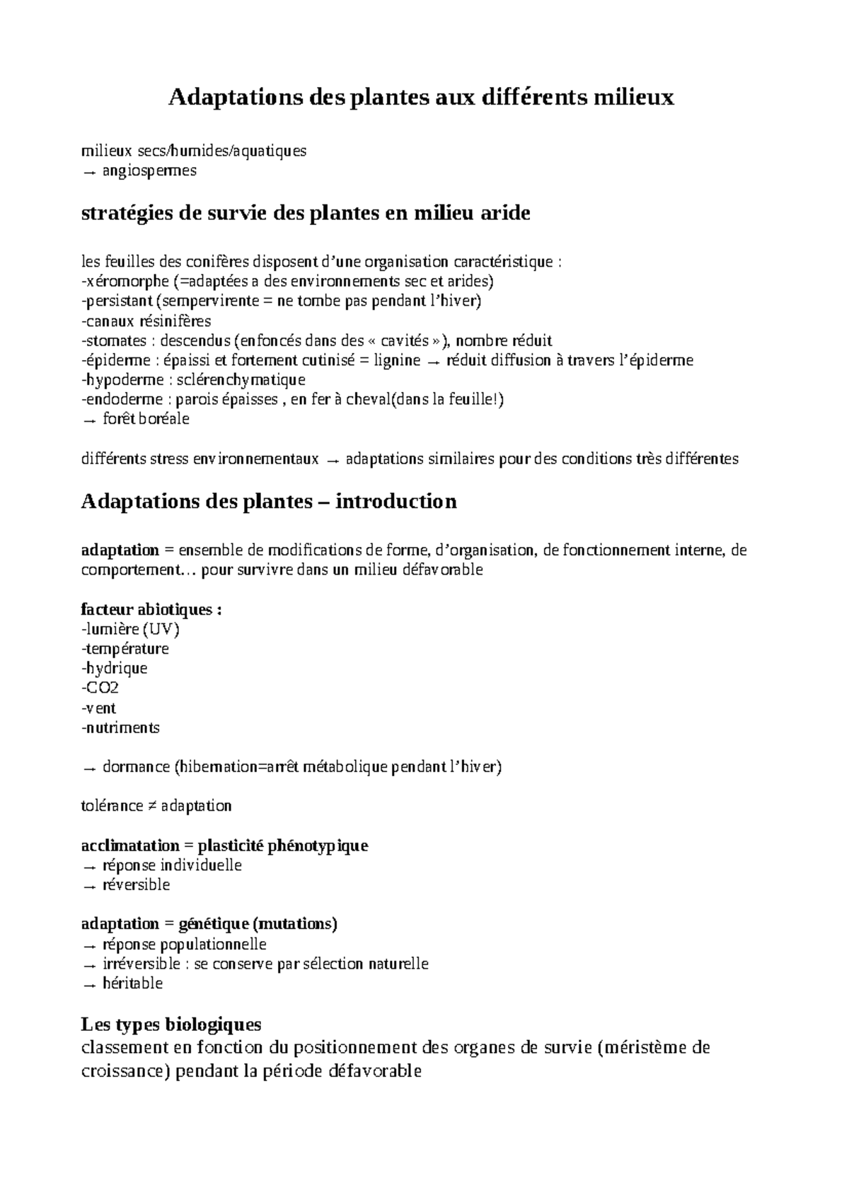 cours adaptation des végétaux - Adaptations des plantes aux différents ...