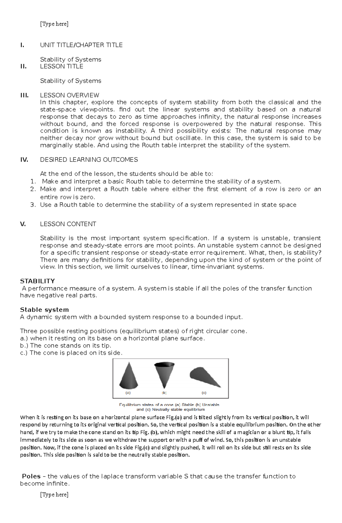 Stability OF Systems - MODULE - I. UNIT TITLE/CHAPTER TITLE Stability of Systems II. LESSON ...