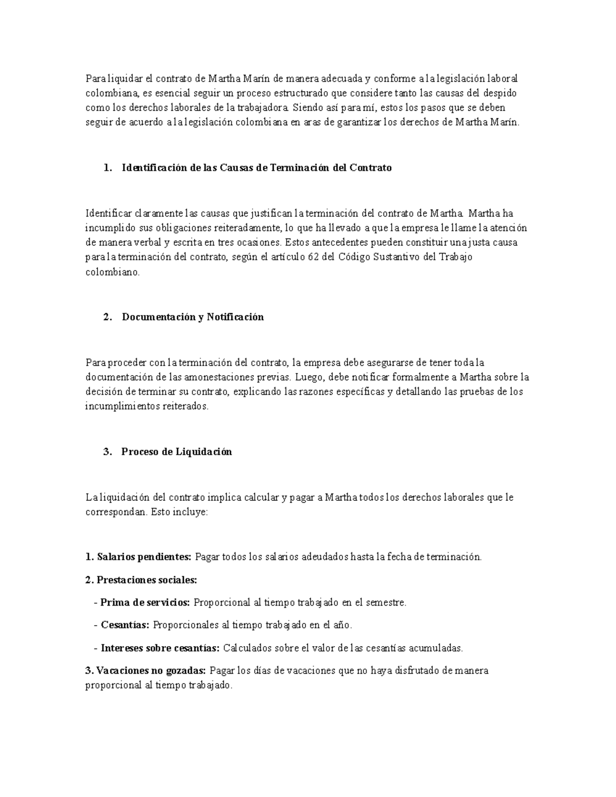 Respuesta del caso Martha Marin - Para liquidar el contrato de Martha ...