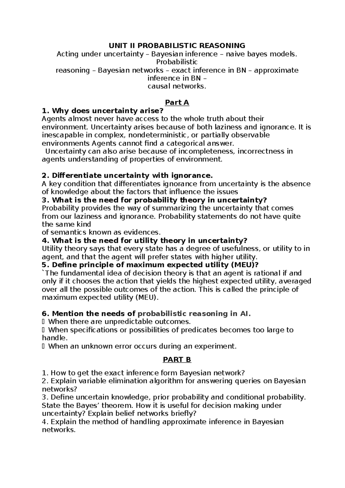 UNIT2 important 2 marks - UNIT II PROBABILISTIC REASONING Acting under uncertainty – Bayesian ...