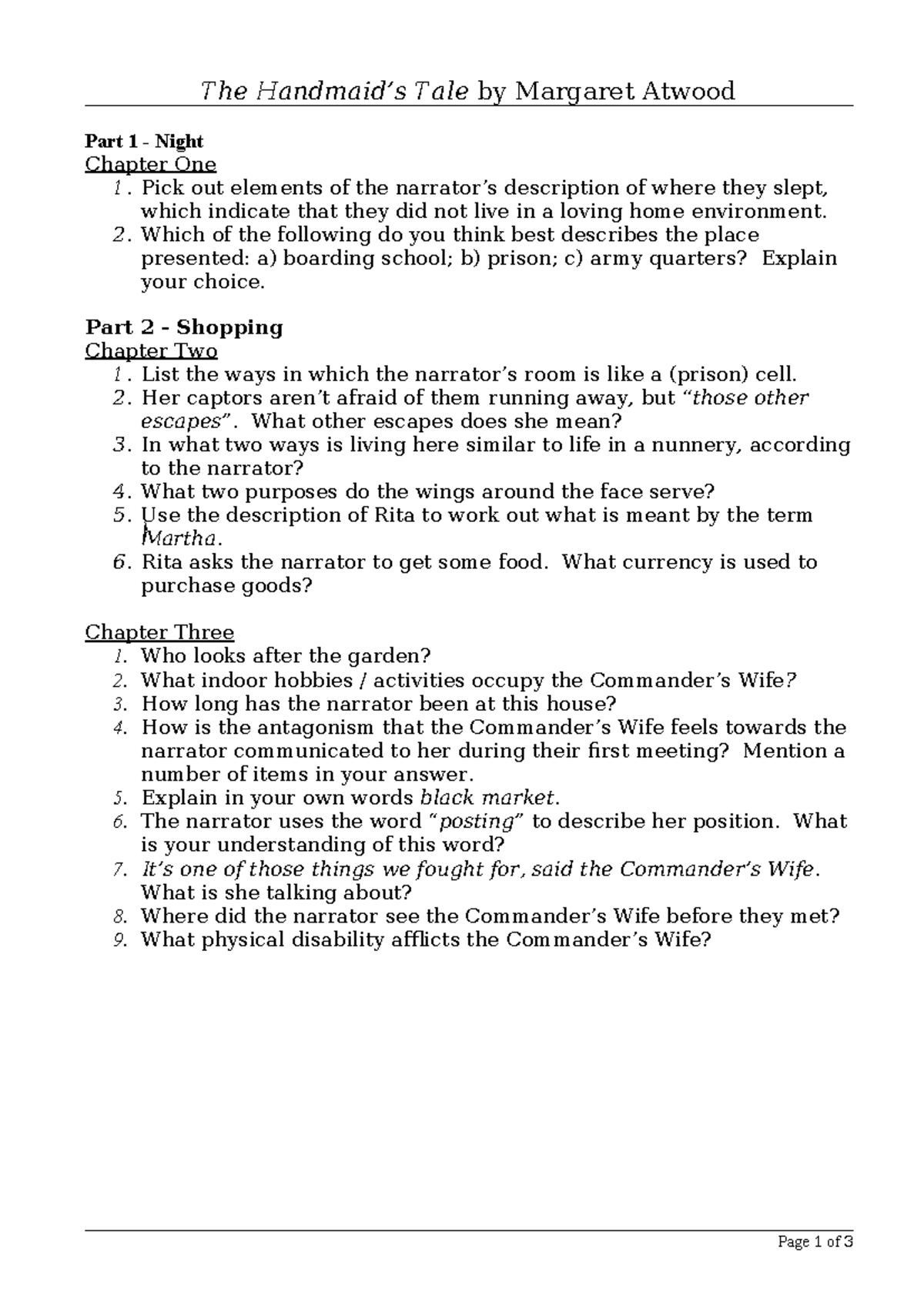 Demo Handmaids Tale Reading Questions - The Handmaid’s Tale by Margaret ...