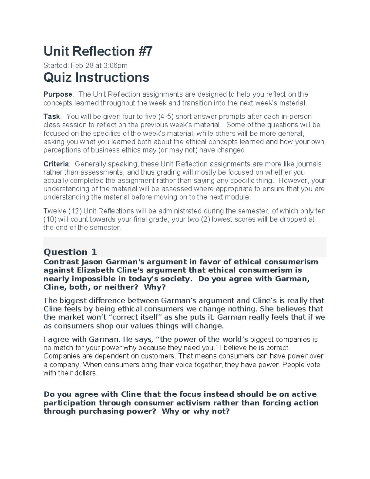 Unit Reflection #7 - Task: You will be given four to five (4-5) short ...