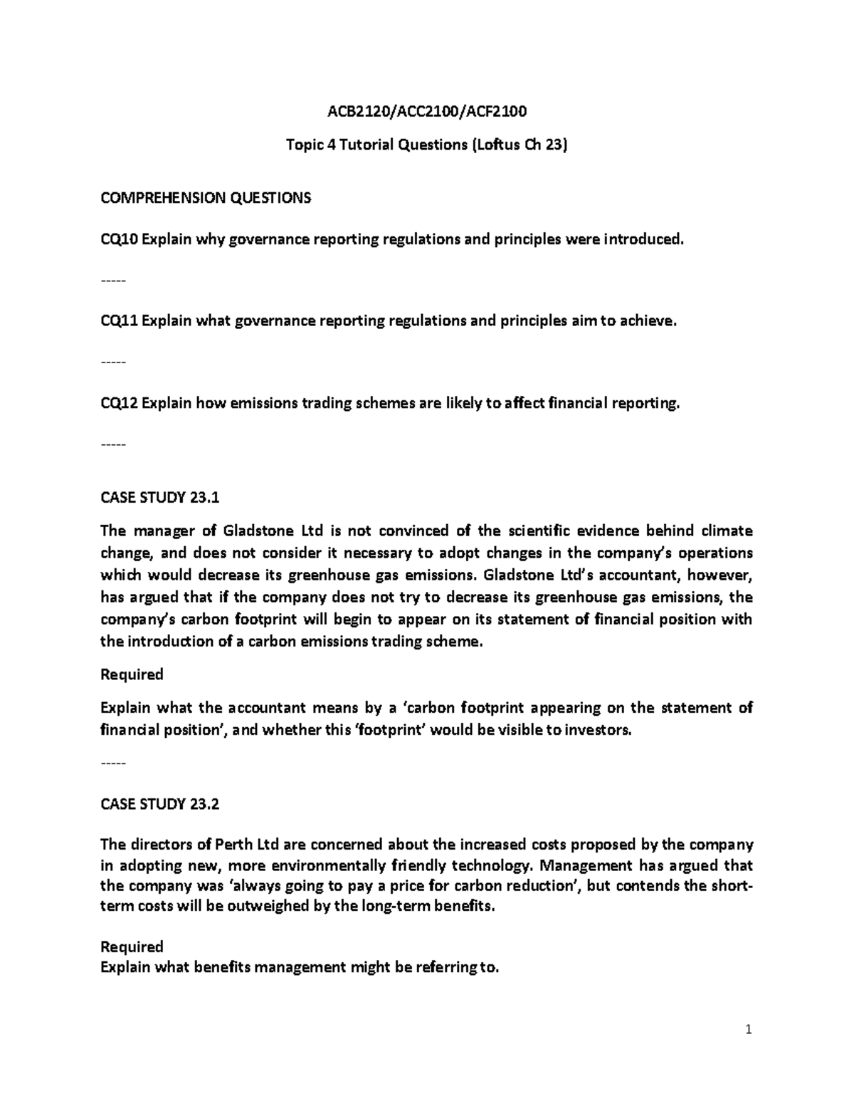 Topic 4 Tutorial Questions - 1 ACB2120/ACC2100/ACF Topic 4 Tutorial ...