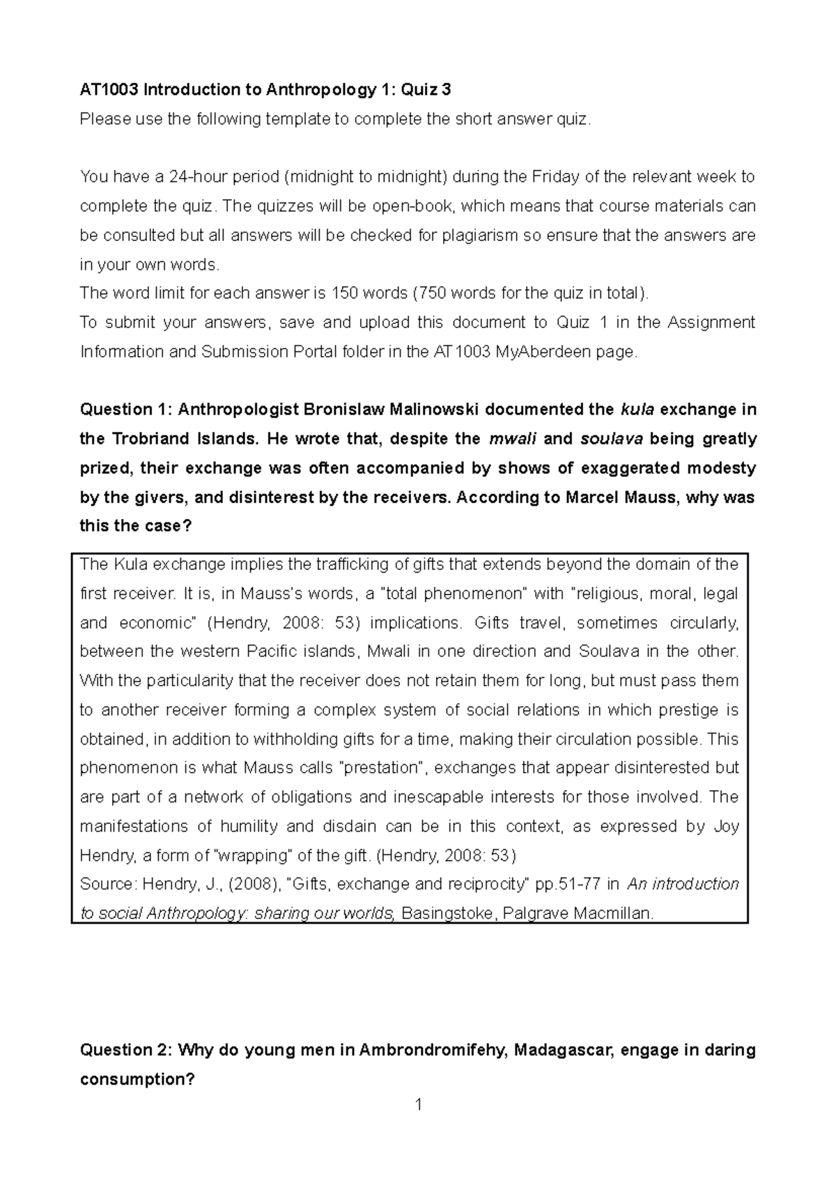 Quiz 3 - Third quiz - AT1003 Introduction to Anthropology 1: Quiz 3 ...