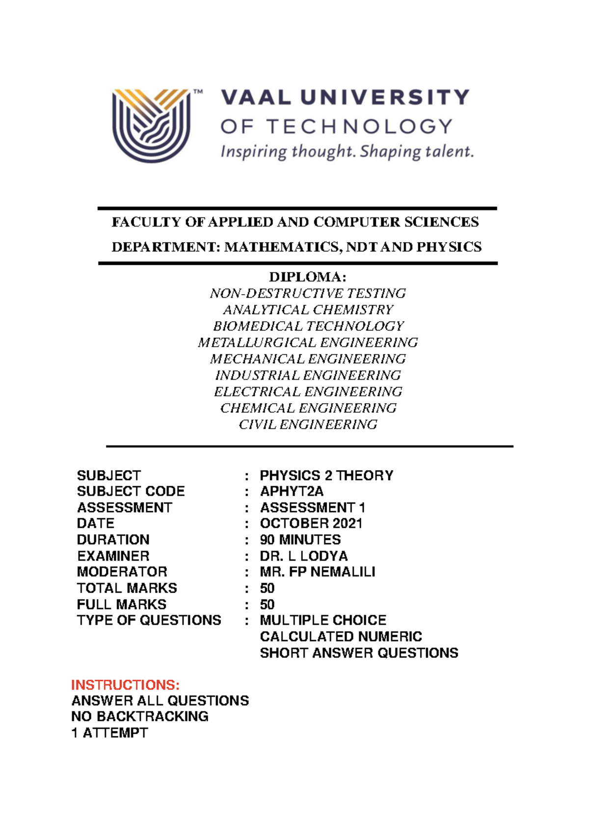 2021 SEM 2 Physics 2 Assessment 1 @ Online - SUBJECT : PHYSICS 2 THEORY ...