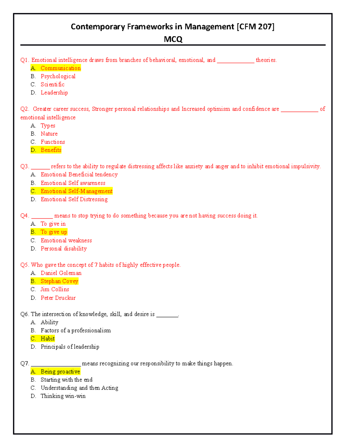 207 GE - UL - 07 Contemporary Frameworks in Management MCQ - Contemporary Frameworks in ...
