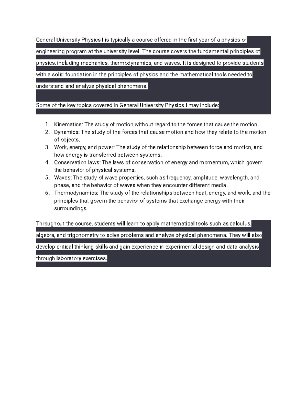 General University Physics I - The course covers the fundamental ...