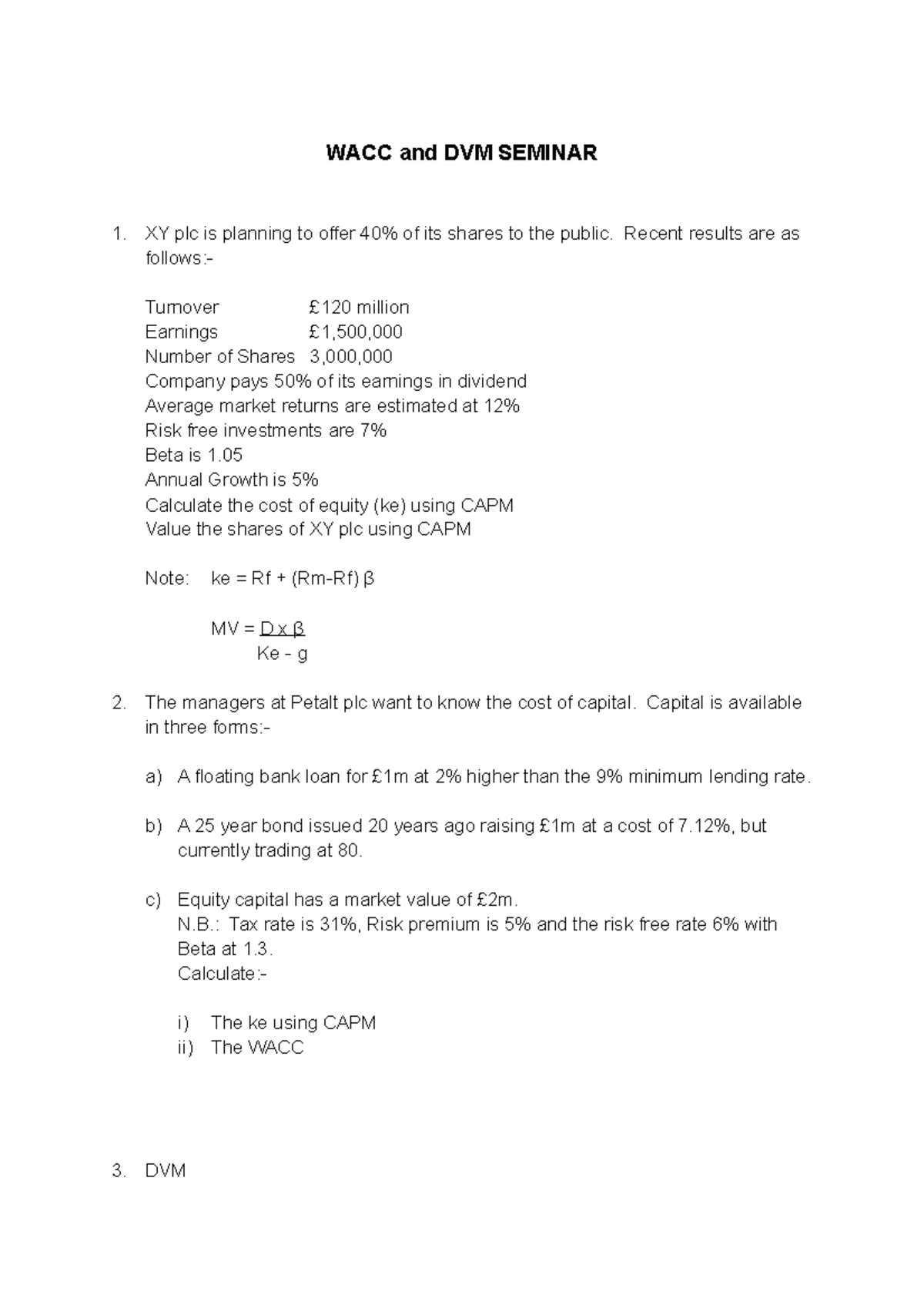 WACC and DVM question - Questions - WACC and DVM SEMINAR XY plc is ...