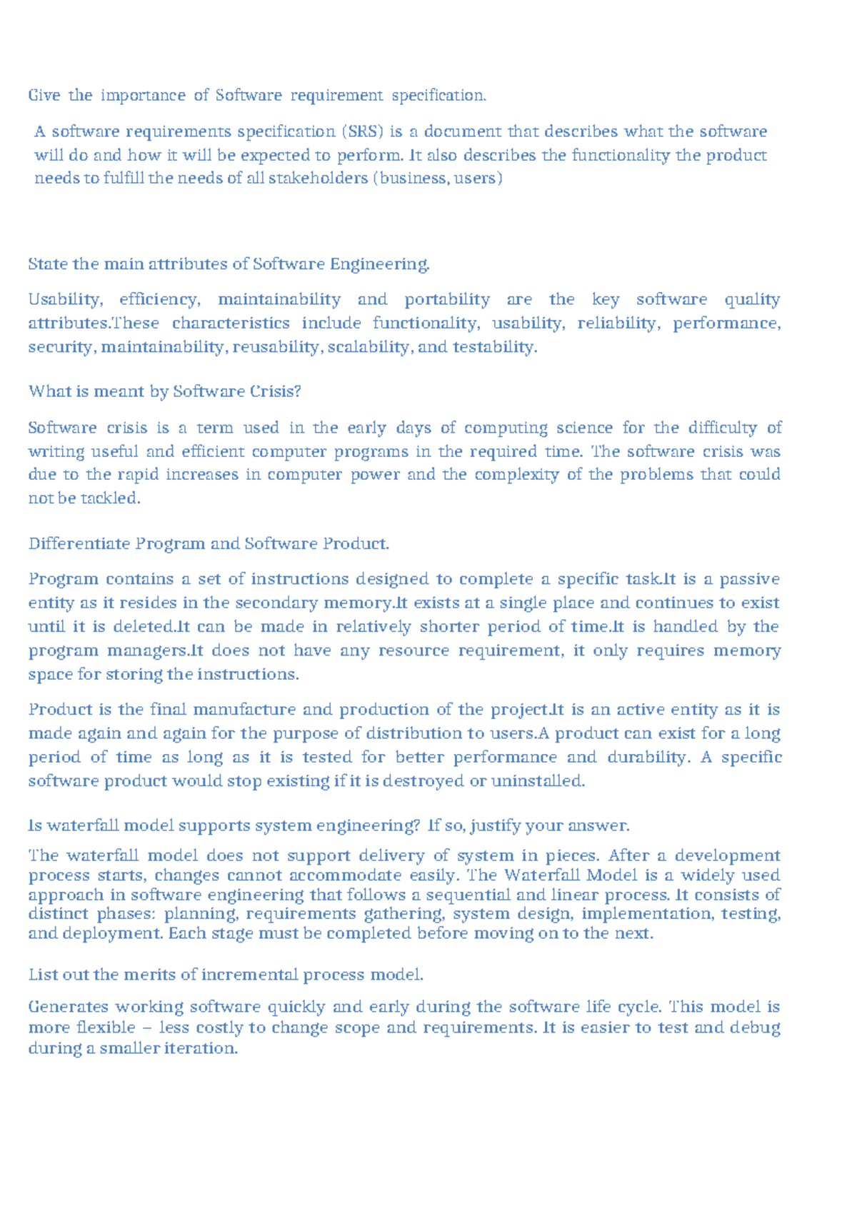 CIA 1 QB - embedded system and iot - Give the importance of Software requirement specification ...