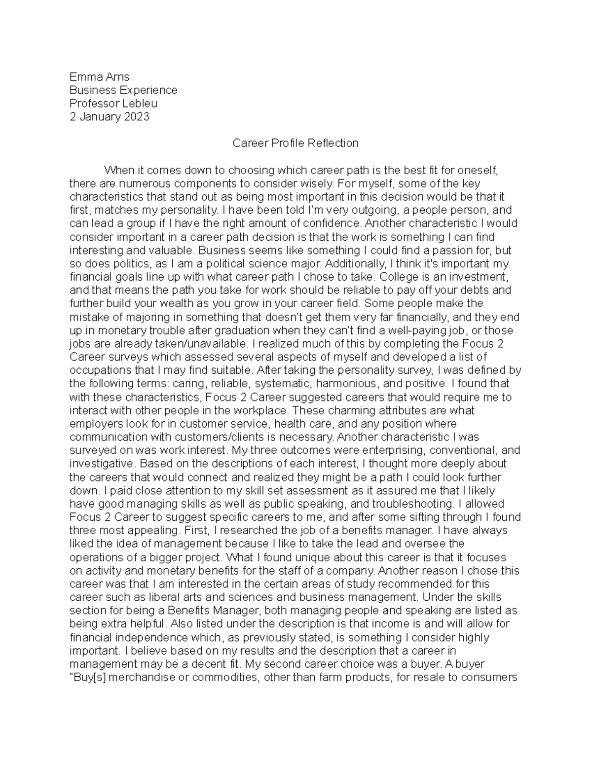 Reflection essay Bisexp - Emma Arns Business Experience Professor ...