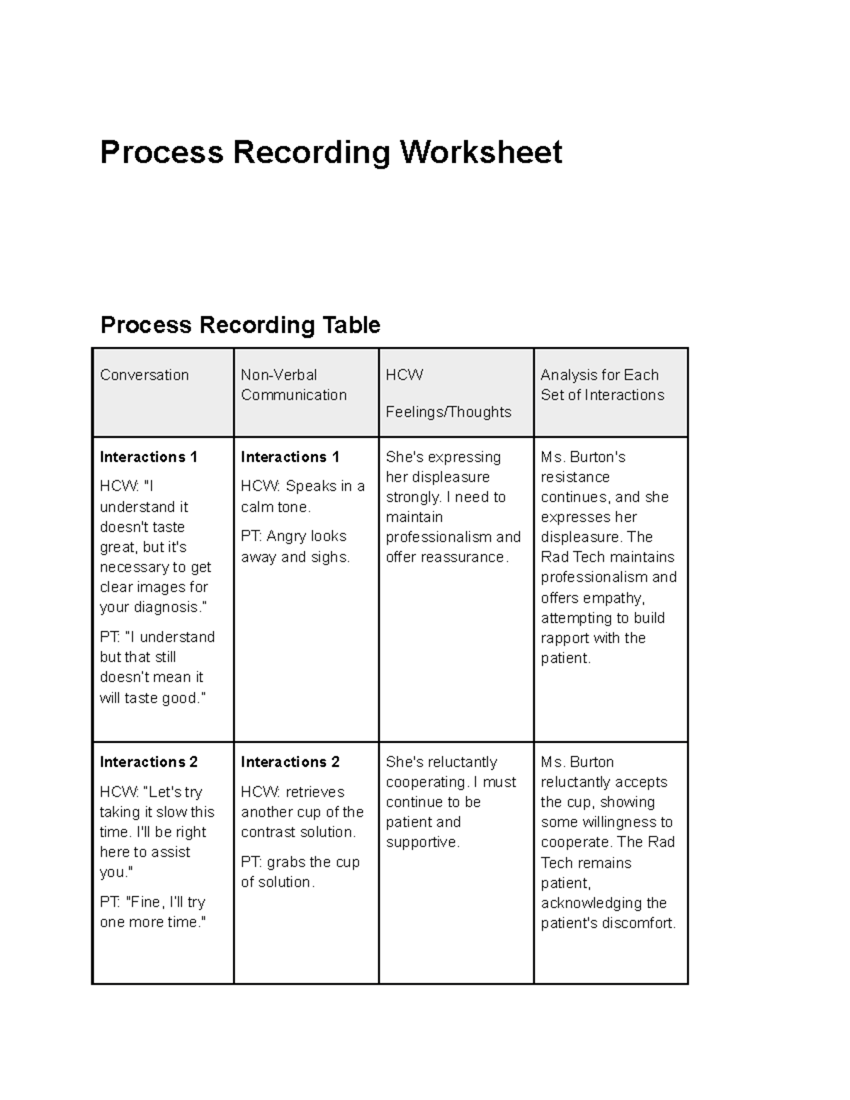 Process Recording Work - Process Recording Worksheet Process Recording ...