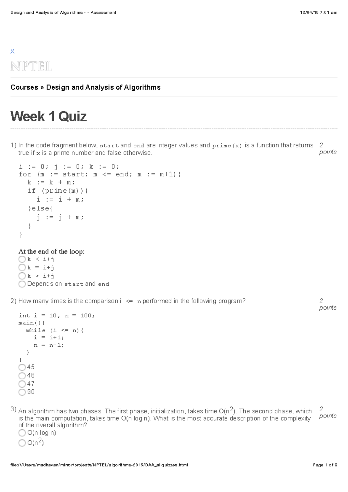 DAA all-quizzes - Good - Courses » Design and Analysis of Algorithms 1 ...
