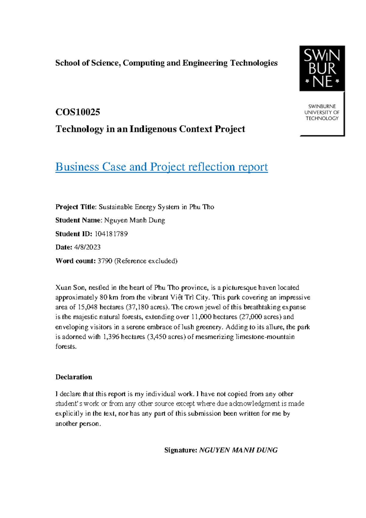 COS10025 Business case and project reflection report - School of Science, Computing and ...